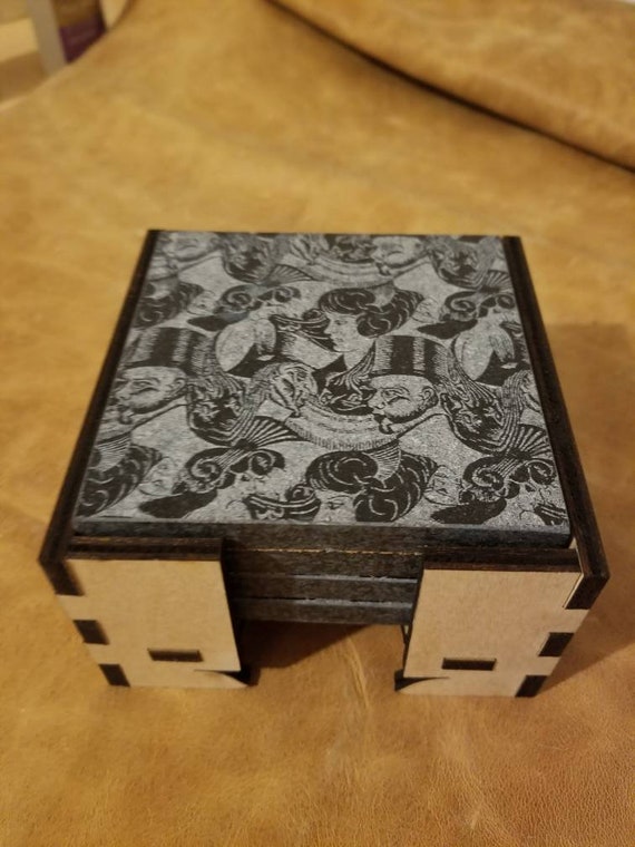 M. C. Escher Inspired Coaster Set. Black Granite Engraved | Etsy