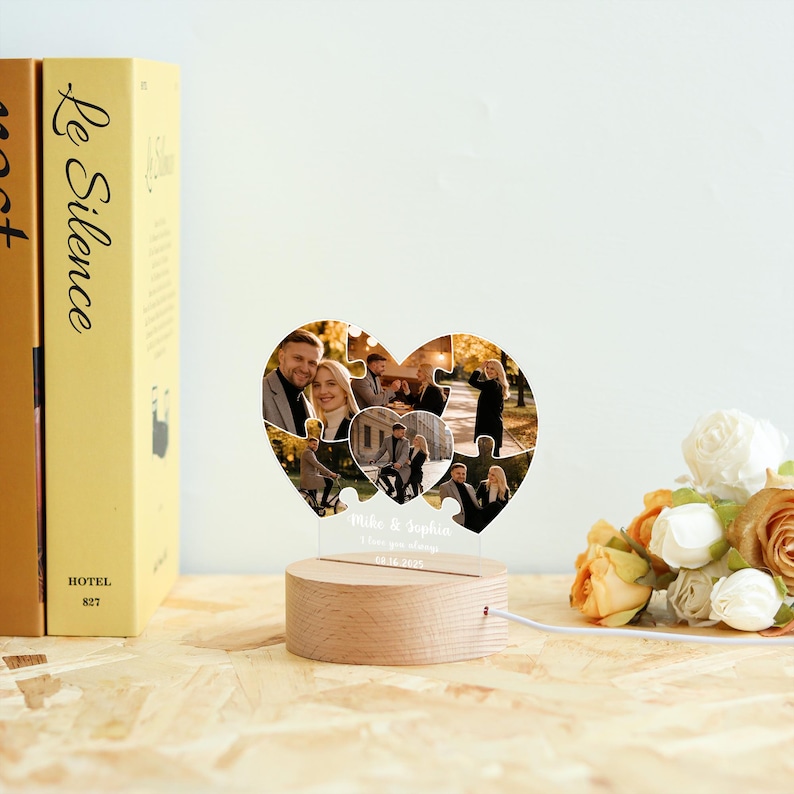 Custom Heart Puzzle Couple Photo Night Light With Name,personalised ...