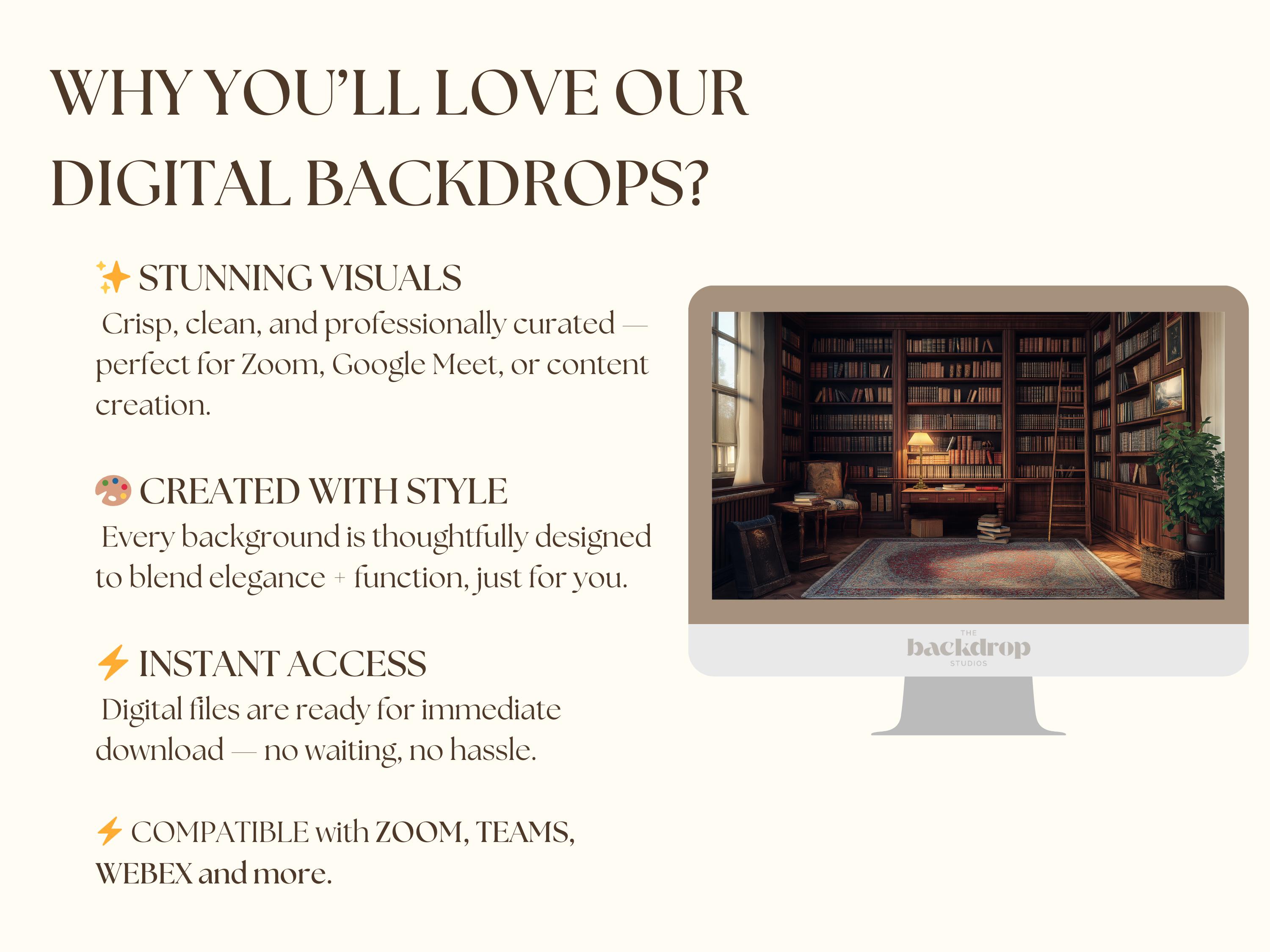 Vintage Library Zoom Background Bookshelf Virtual Backdrop for Video ...
