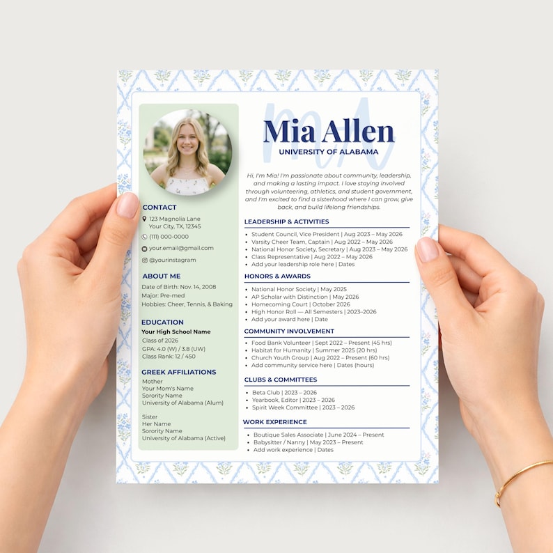 Blue Green Sorority Rush Resume Template With Photo | Sorority Resume ...