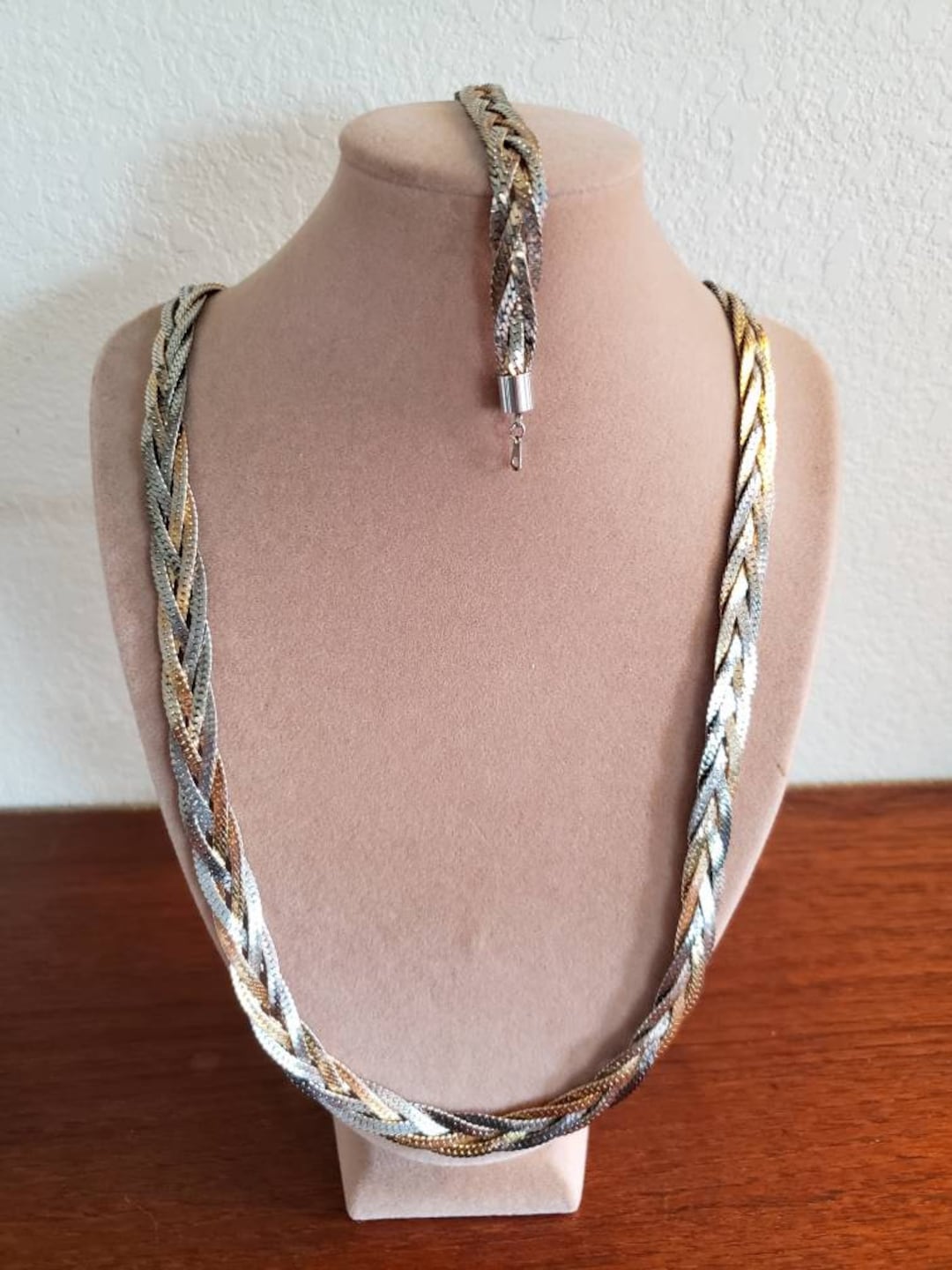 Vintage Braided Tri Color Snake Chain Necklace and Bracelet Set, 1970's ...