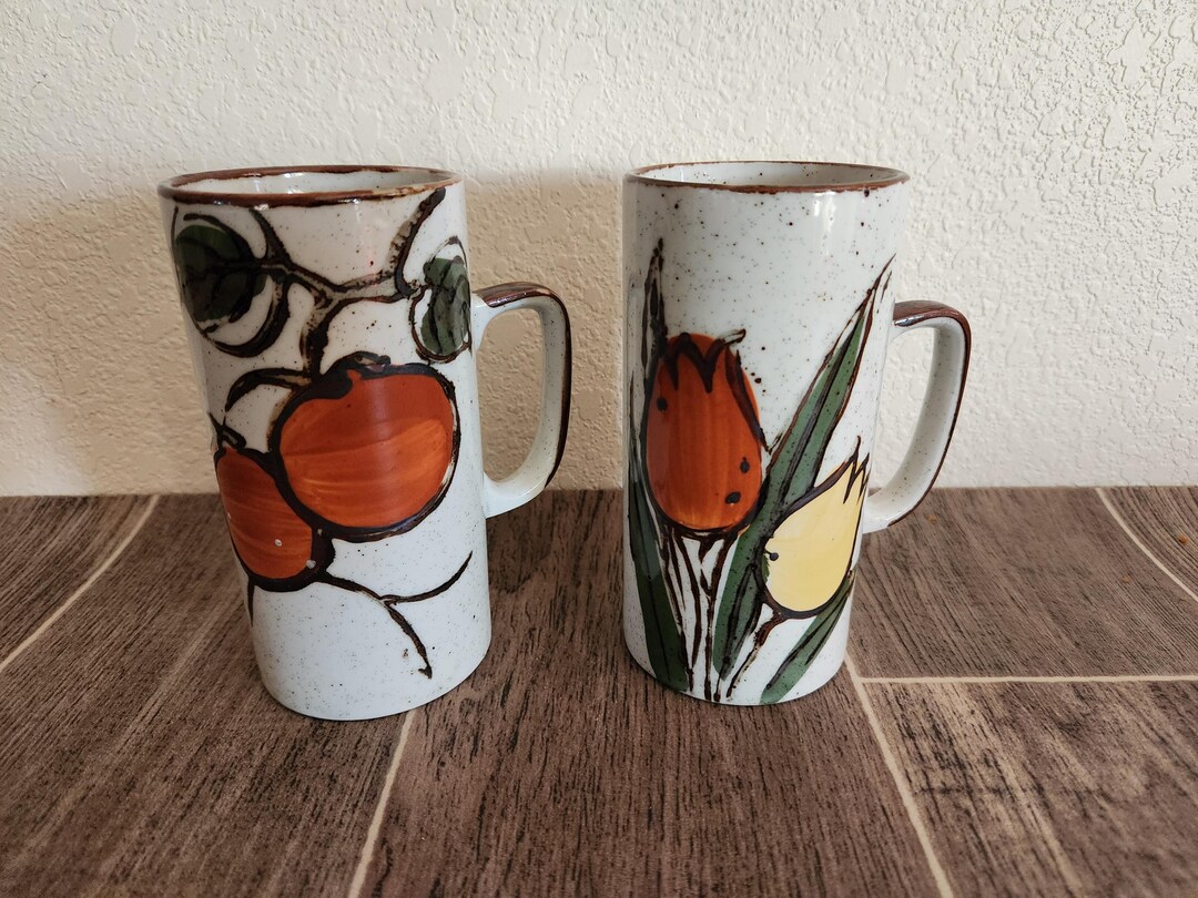 Vintage Tall Skinny Stoneware Coffee Mugs With Handle Speckled Coffee ...