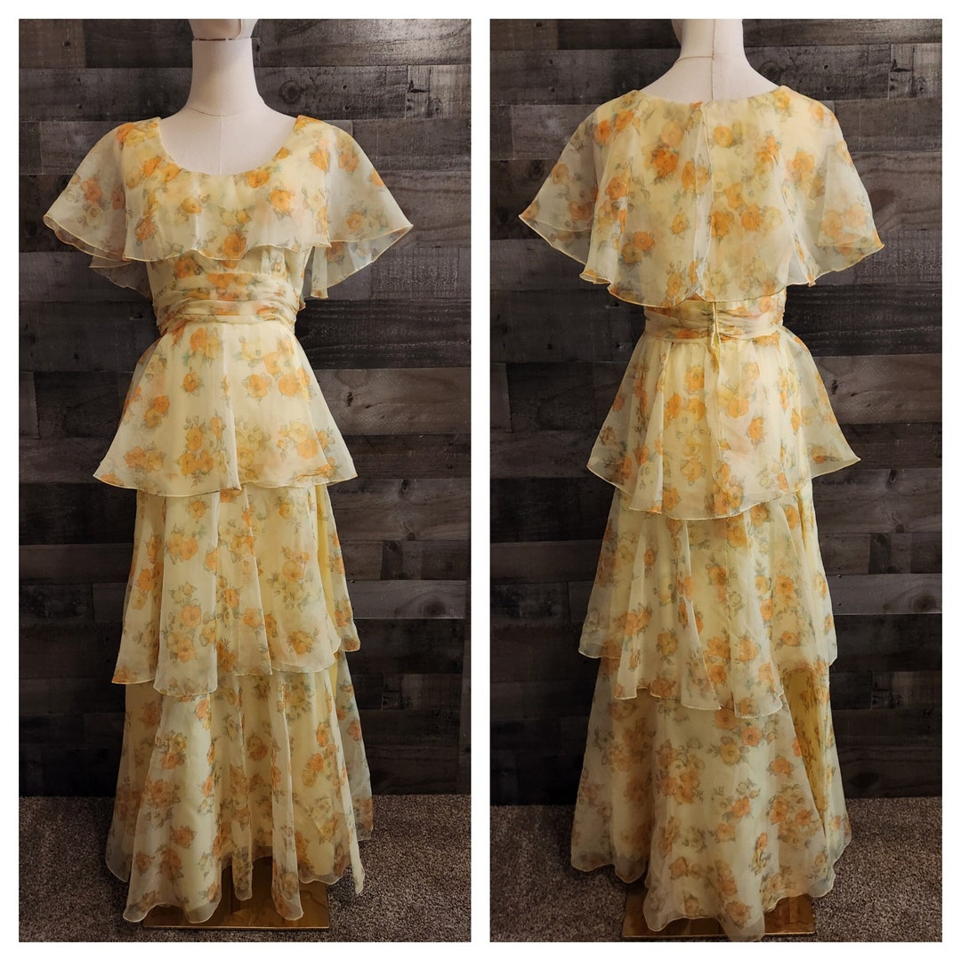 Vintage Formal Maxi Dress by Sylvia Ann | Tiered Sheer Yellow Floral ...