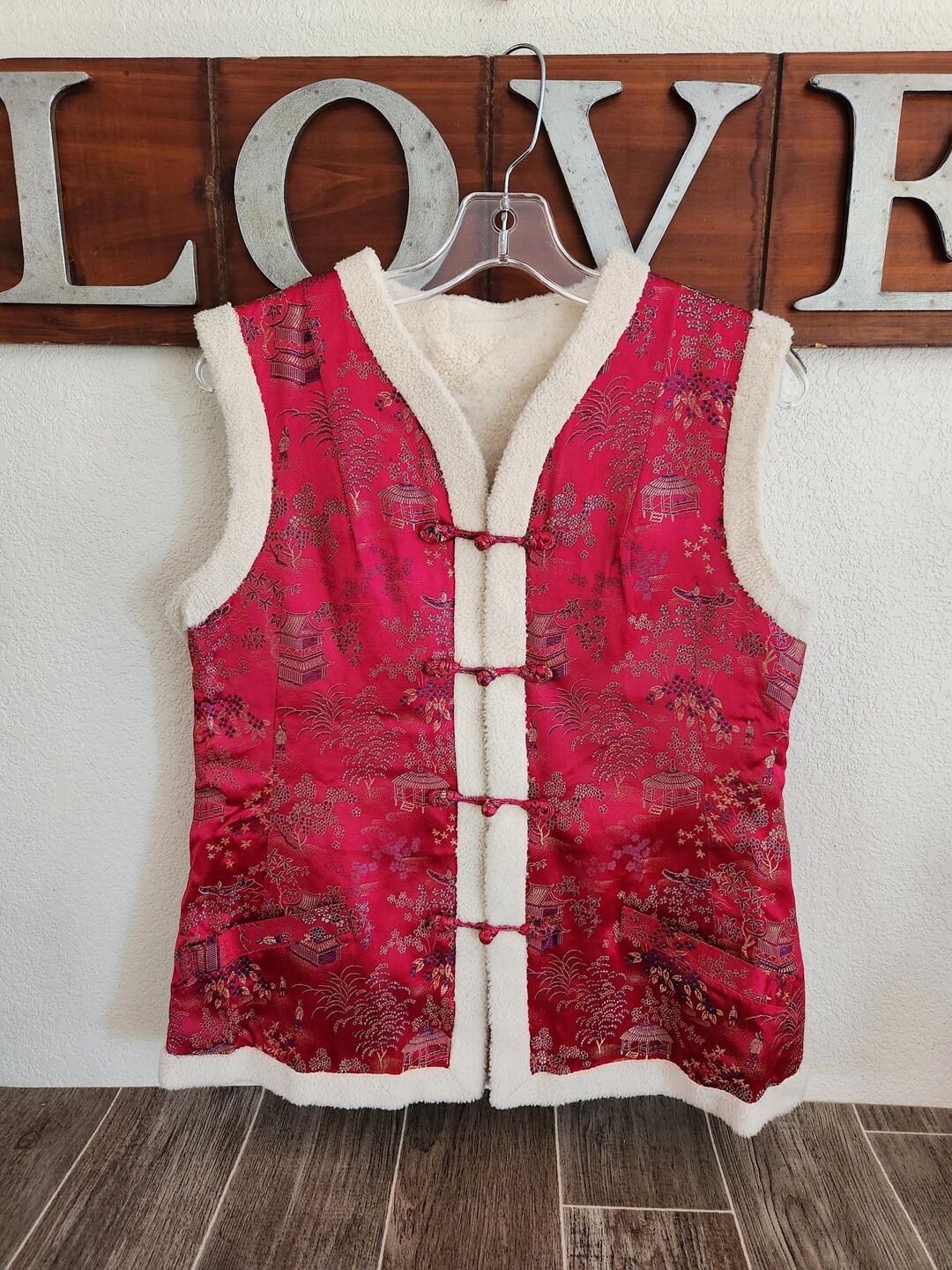 Vintage Asian Print Vest With Fleece Lining | Red Asian Design Vest | S ...
