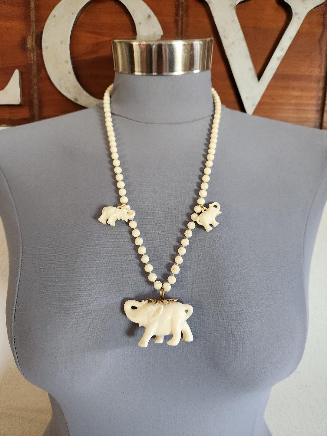 Vintage Beaded Necklace With Elephant Charms | 1970's Ivory Look ...