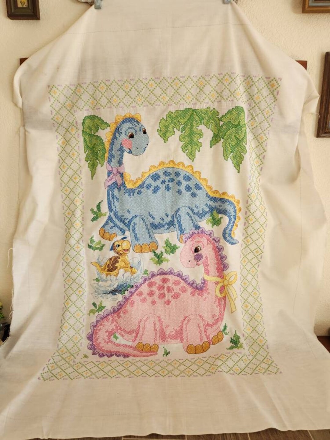 Vintage Unfinished Dinosaur Cross Stitch Quilt Panel | Pastel Dinosaur ...