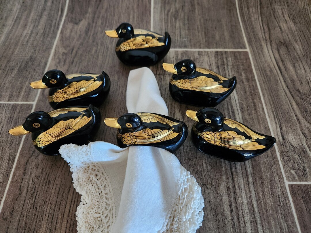 Vintage Black and Gold Lacquered Wood Duck Napkin Rings Set of 6 - Etsy