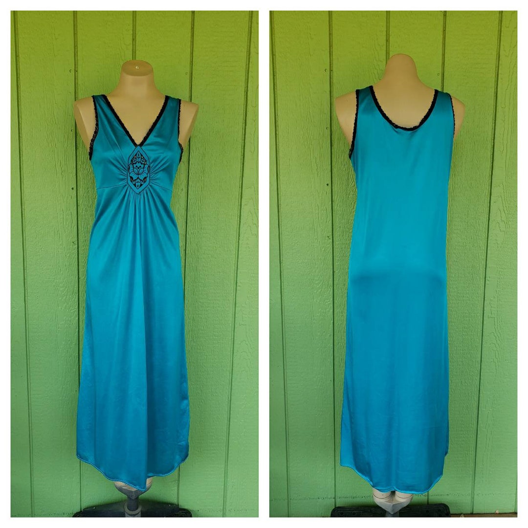 Vintage Lady Ronte Nylon Long Nightgown | Teal and Black Nightgown ...