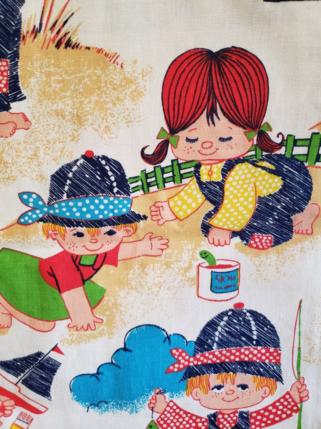 Vintage Unused Children's Print Fabric | Large Piece of Child Print ...