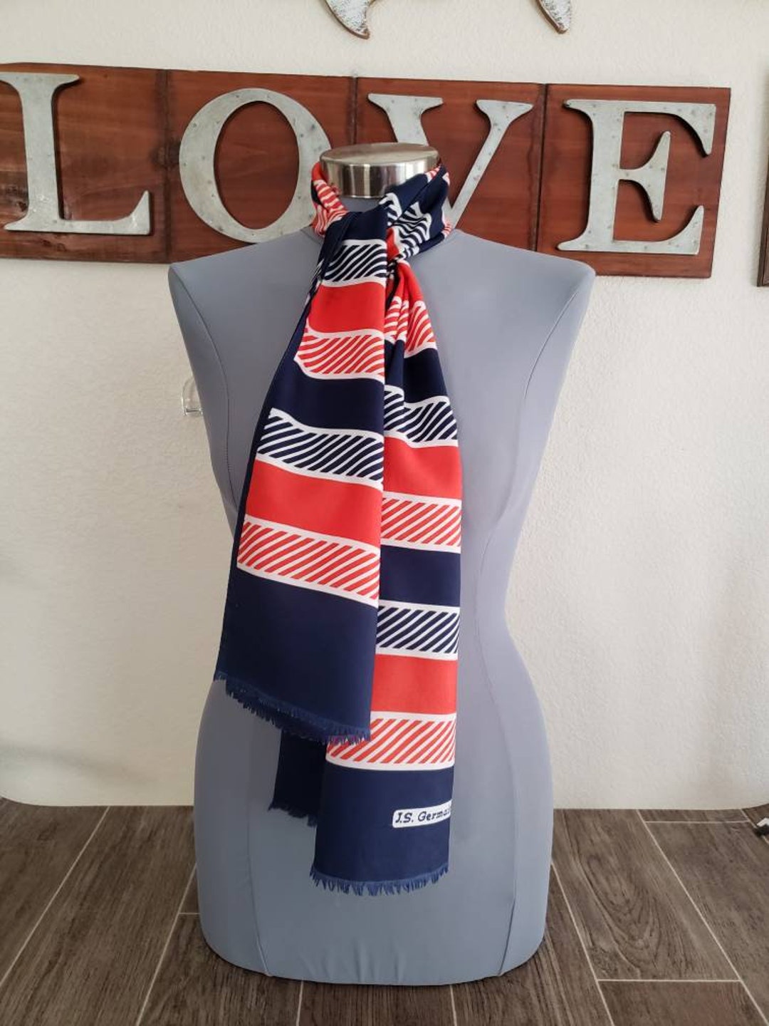 Vintage Scarf by J.S. Germain | Red White and Blue Striped Long Scarf ...