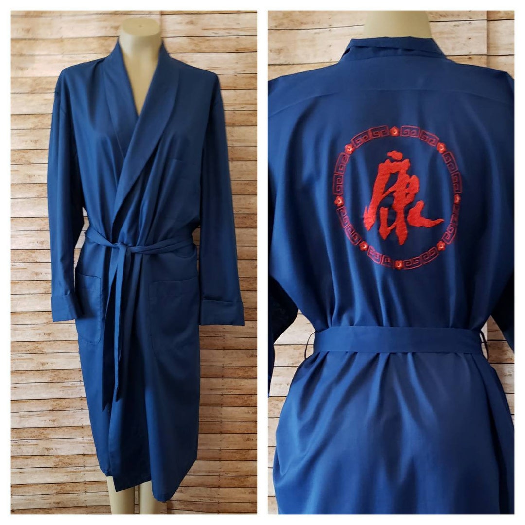 Men's Vintage Japanese Robe Lightweight Navy Blue Kimono Robe With ...