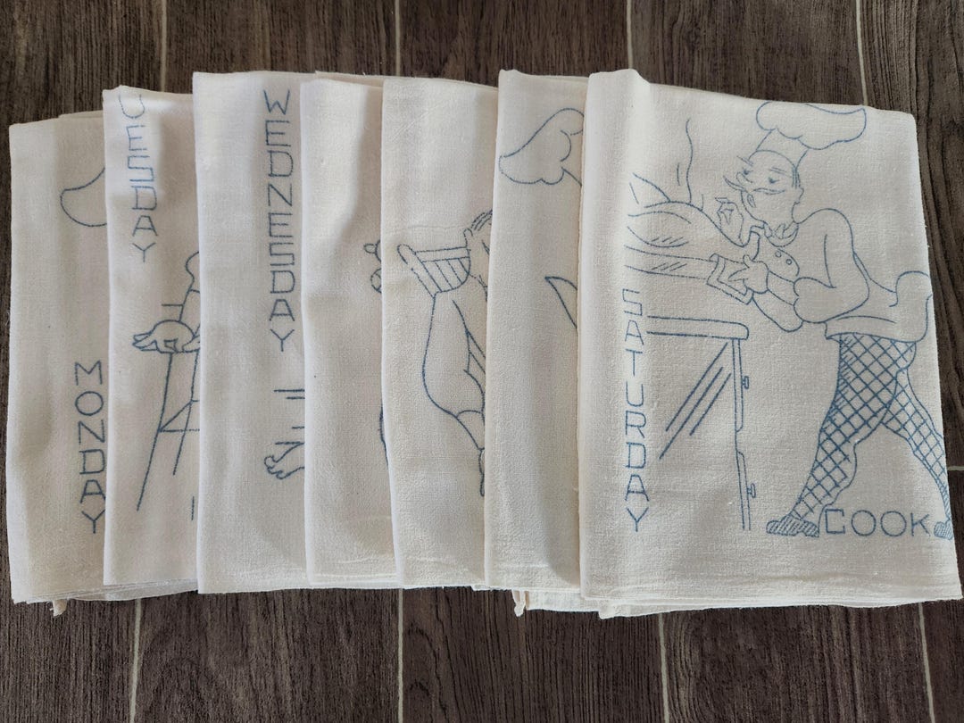 Vintage Kitchen Linens for Embroidery - 7 Chef Days of the Week Linens ...