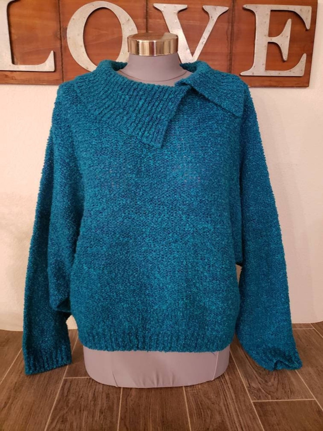 Vintage 1970's Pullover Knobby Knit Sweater With Collar | Teal and ...