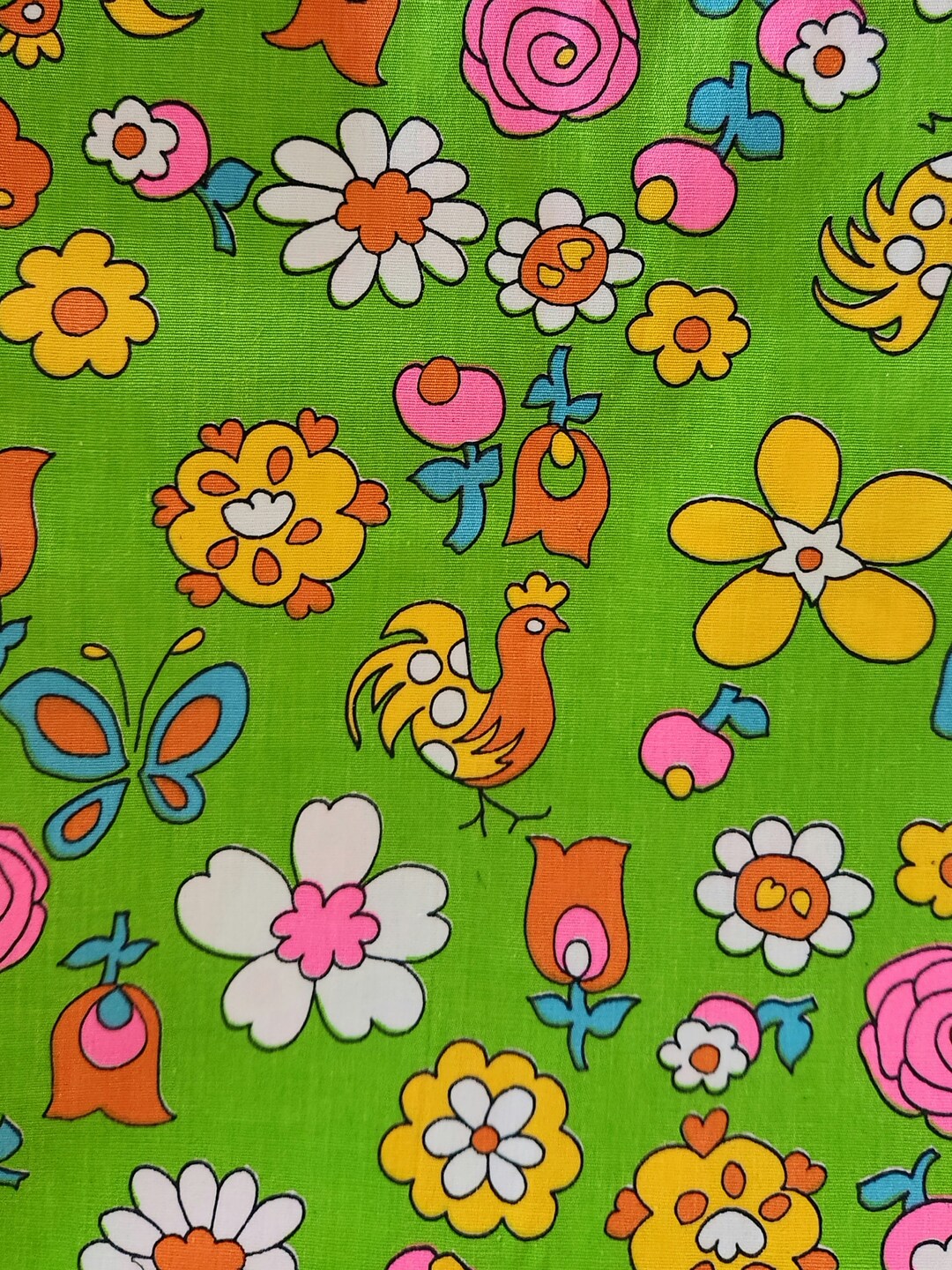 Vintage Colorful Mod Print Fabric Floral and Rooster Print - Etsy