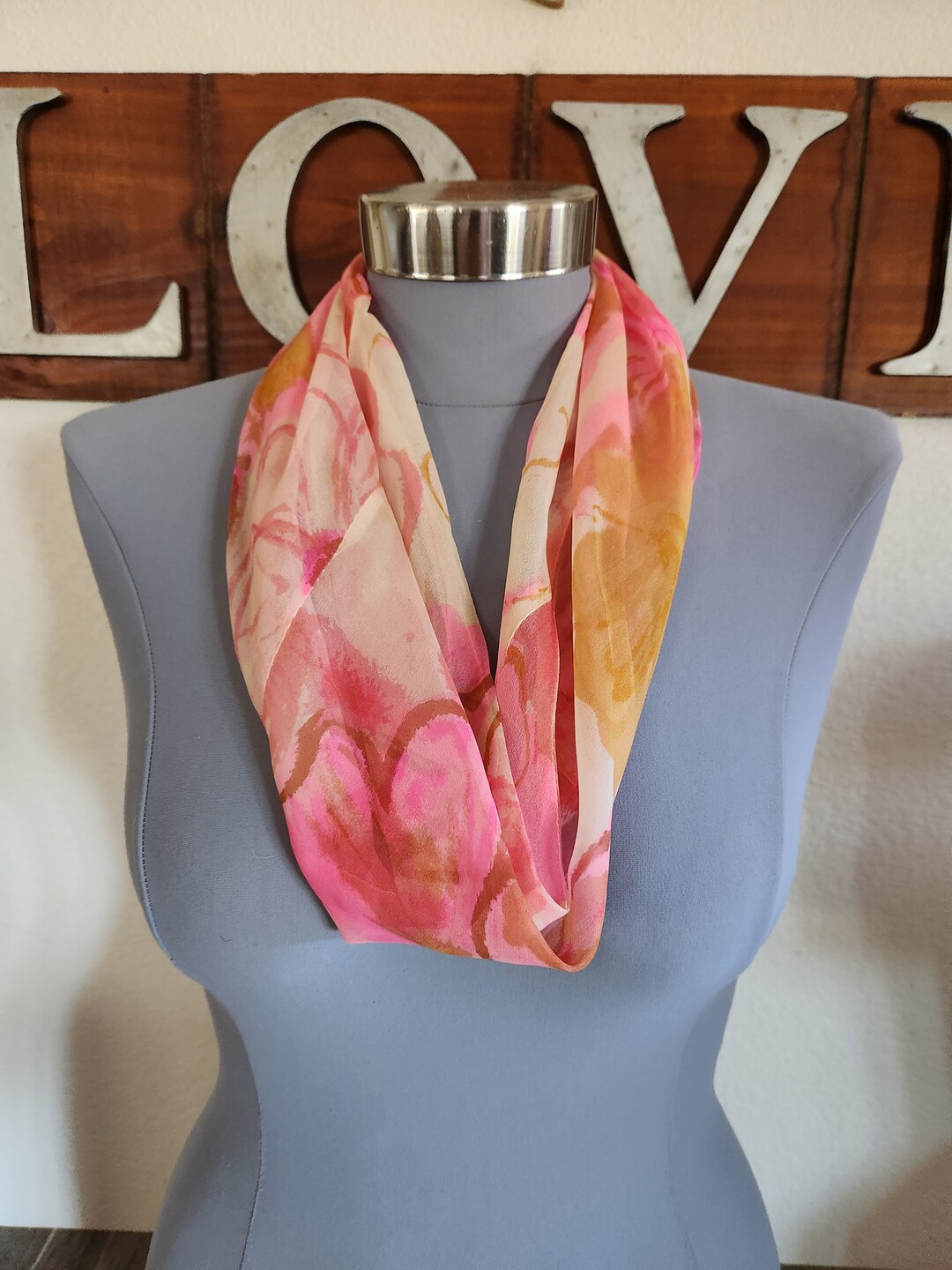 Vintage Sheer Crepe Nylon Infinity Head or Neck Scarf | Pink Yellow ...