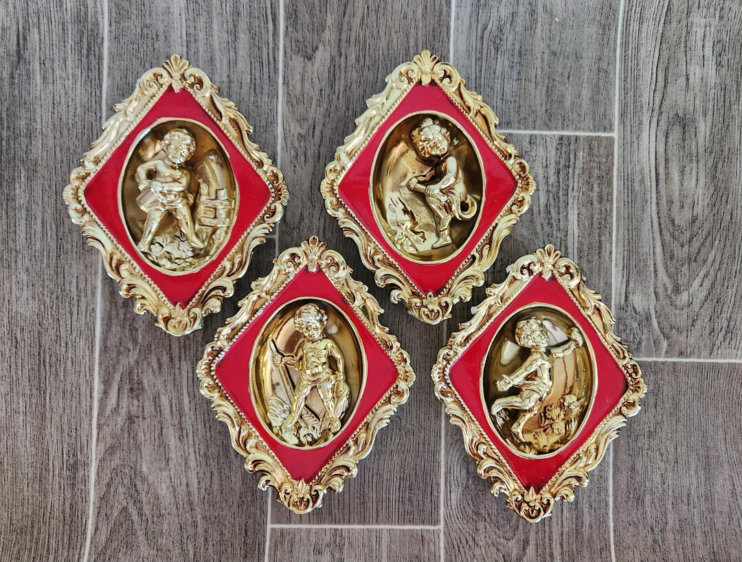 Vintage Mid Century Ardco Ceramic Gold and Red Cherub Wall Plaques Set ...