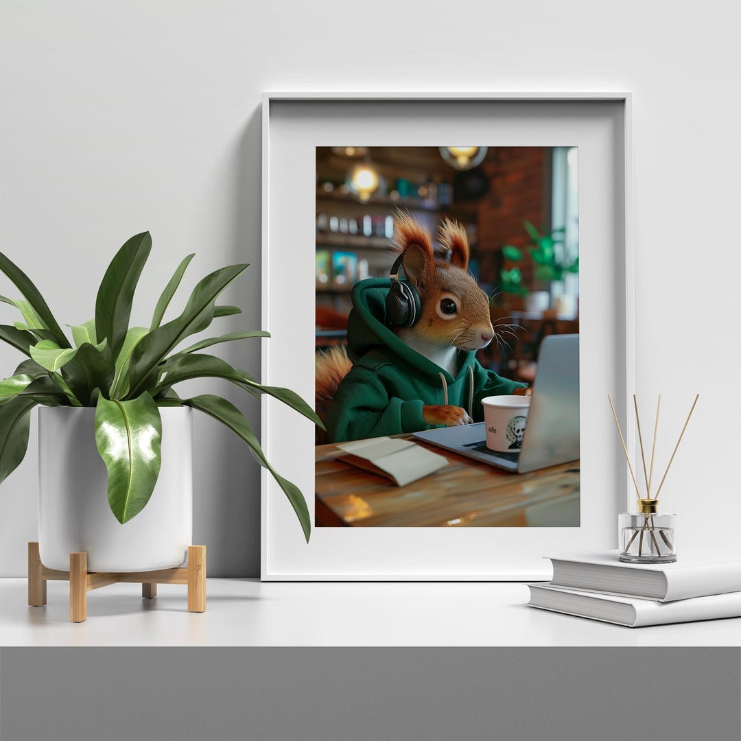 Cute Squirrel Poster, Funny Laptop Print, Work From Home Art, Digital ...