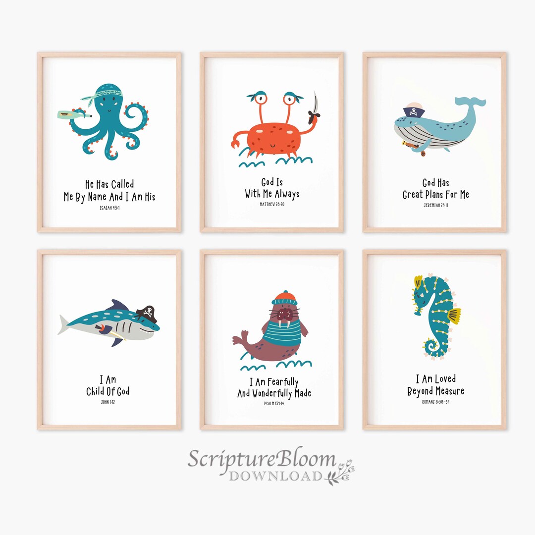 Ocean Bible Verse Nursery Wall Art: Sea Animals Scripture for Kids Room ...