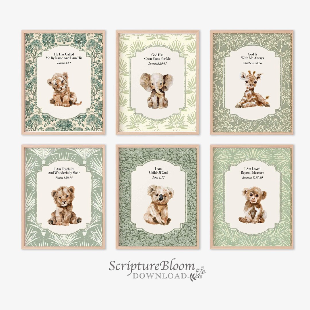 Bible Verse Safari Nursery Wall Art Set of 6, Christian Nursery Jungle ...