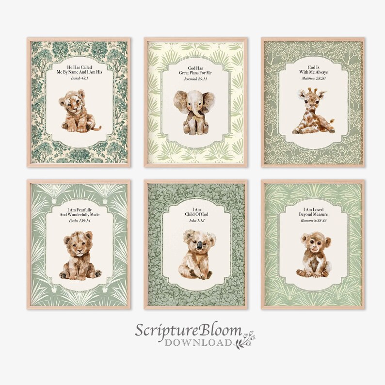 Bible Verse Safari Nursery Wall Art Set of 6, Christian Nursery Jungle ...