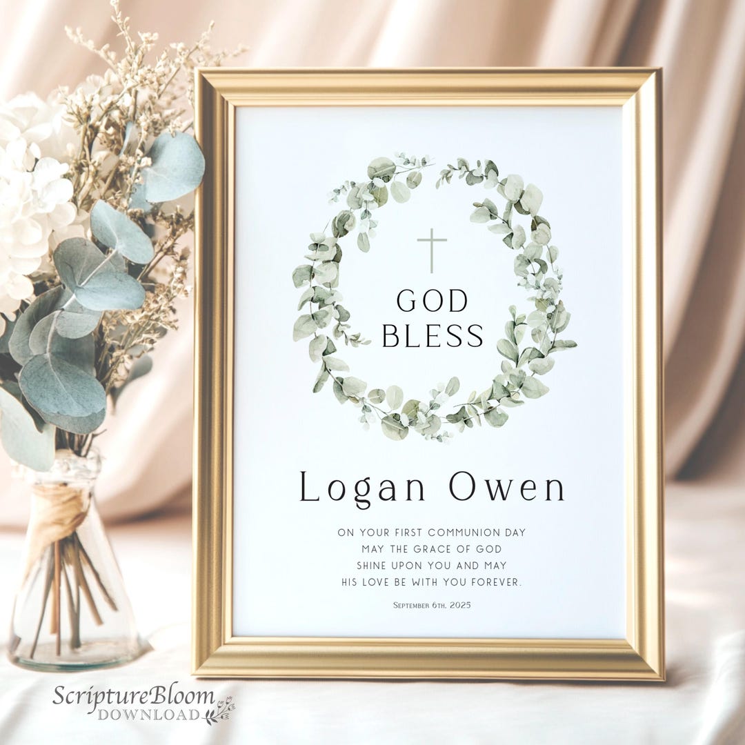Boy First Communion Gift Personalized, God Bless Name Print, Eucalyptus ...