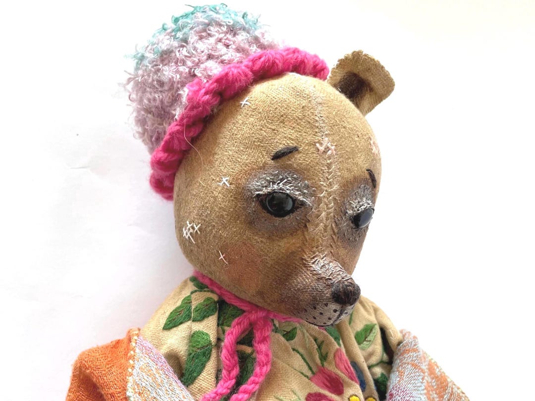 Handmade Primitive Teddy Bear, Aged Cotton Fabrics, Soft Stuffed ...