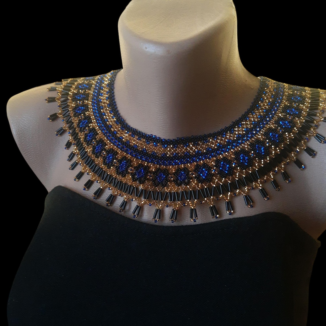 Beaded Egyptian Collar Necklace: Blue & Gold Tribal Bib, Handmade - Etsy