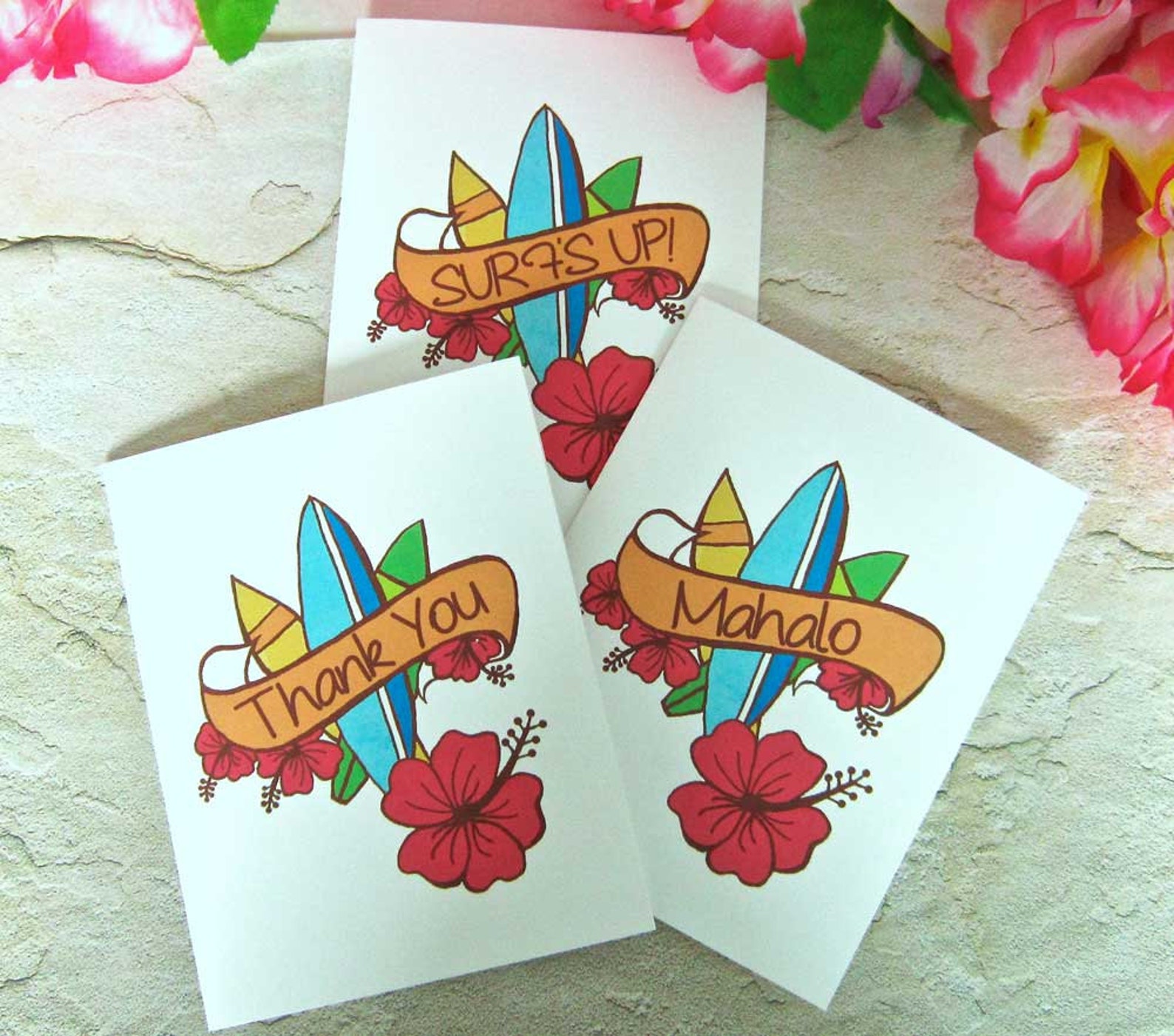 Mahalo Note Cards Hawaiian Surf Board and Hibiscus Choose - Etsy