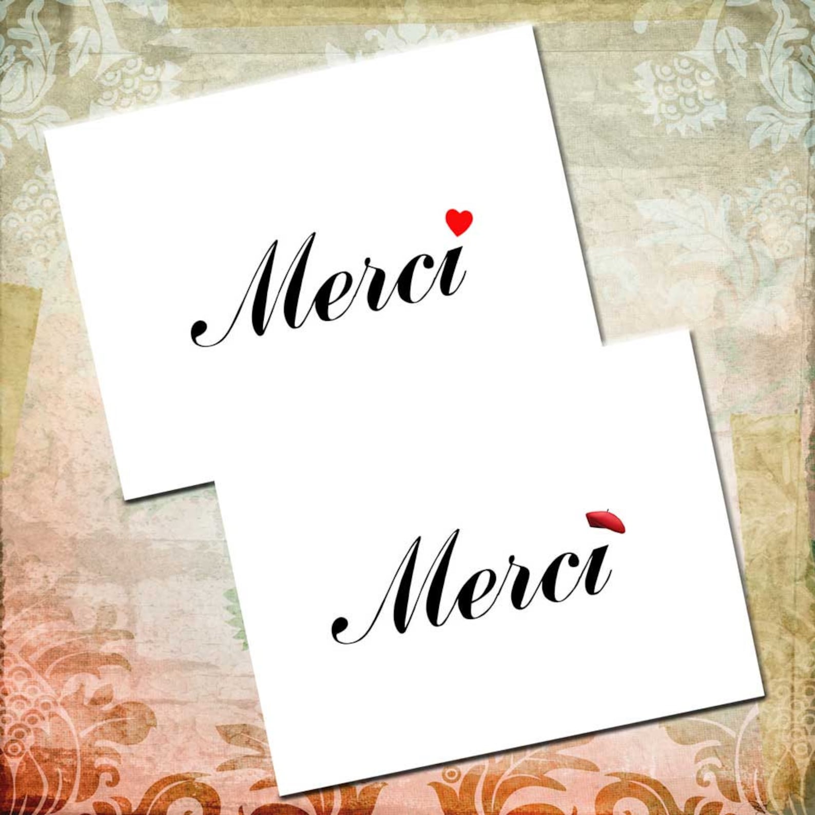Merci French Thank You Note Cards With Love or Beret Thank - Etsy