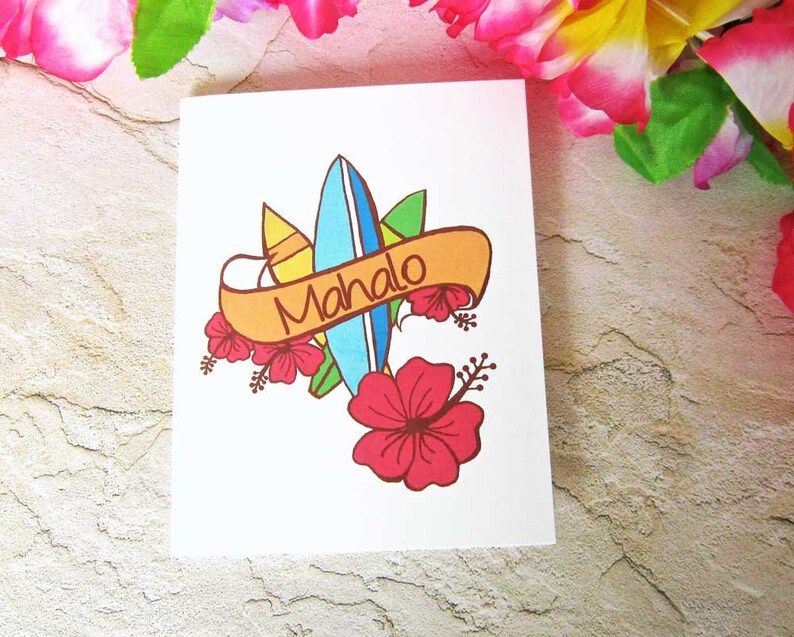 Mahalo Note Cards Hawaiian Surf Board and Hibiscus Choose - Etsy