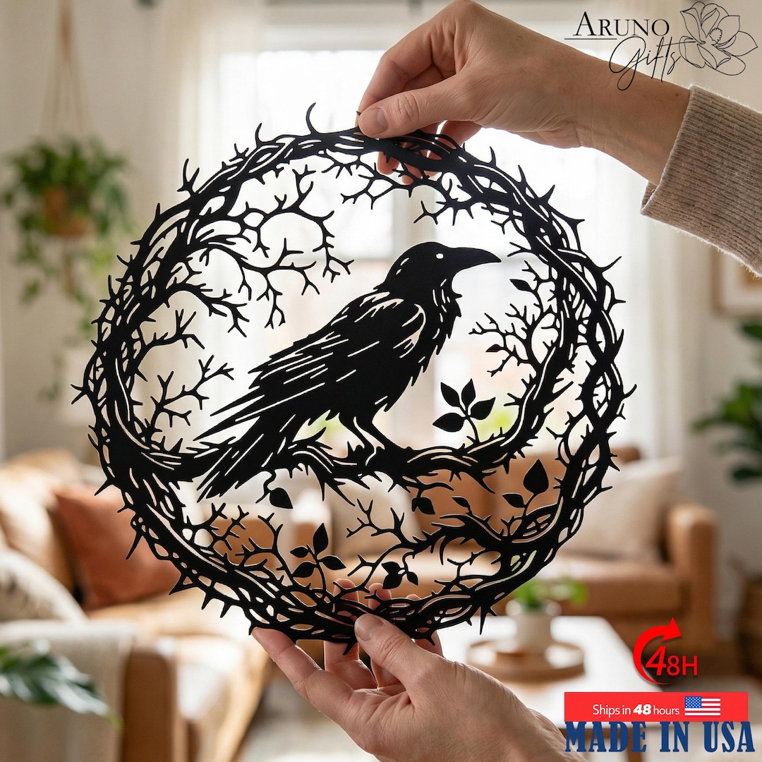 Raven on Thorn Branch Metal Wall Art, Gothic Home Decor, Mystic Crow ...
