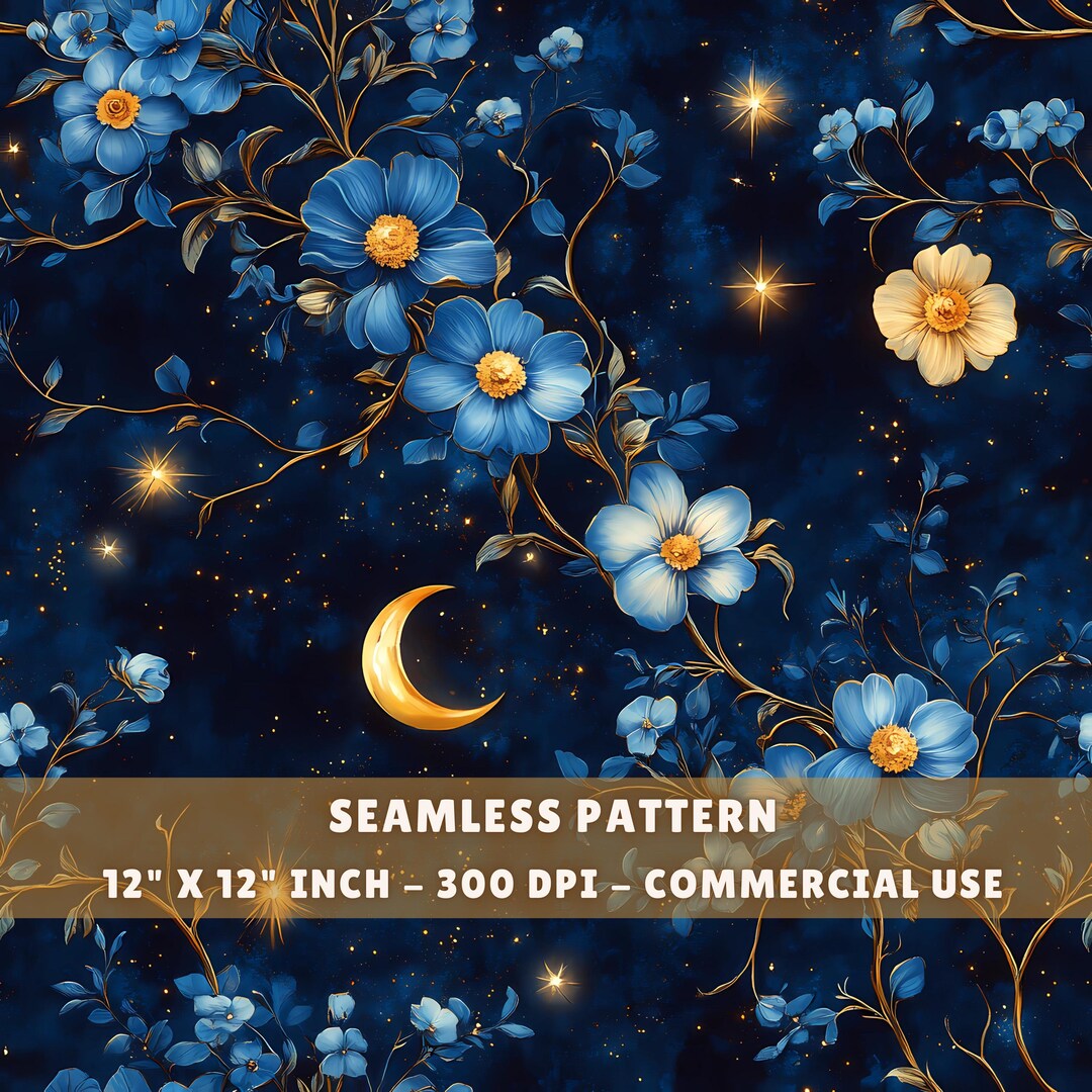 Midnight Floral Moon Seamless Pattern – Blue and Gold Starry Night ...