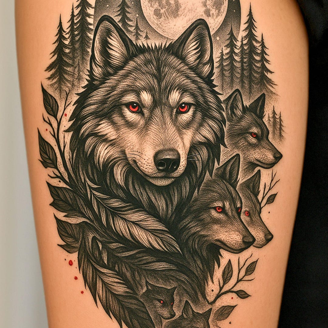 Lunar Wolf Pack Tattoo Design — Fine Line Wolf Composition (digital ...