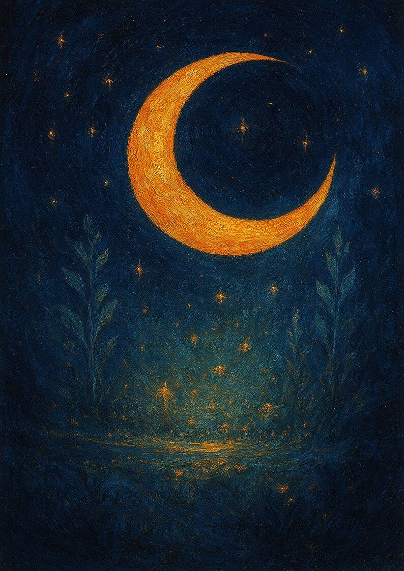 Golden Crescent Moon | Crescent Moon Oil Painting Print | A3 Celestial ...