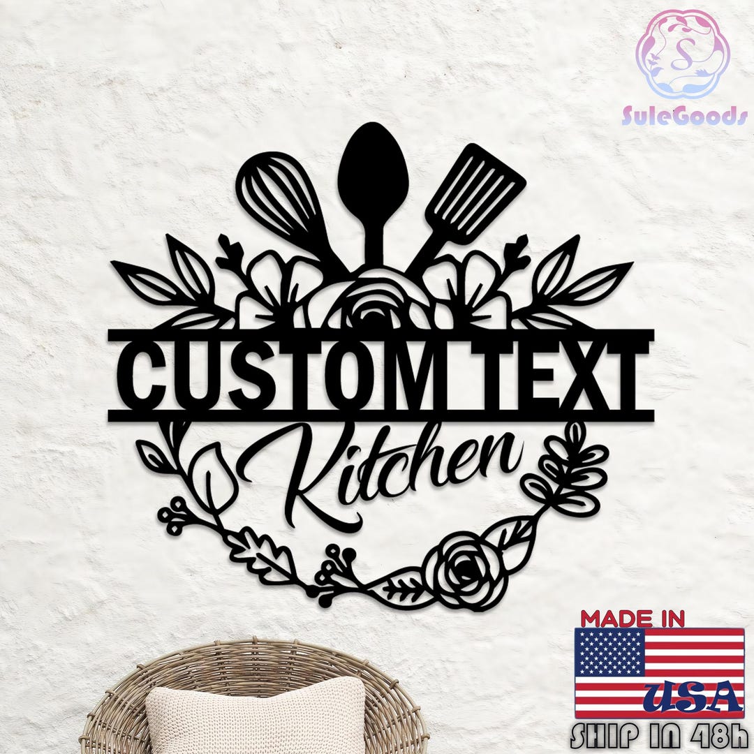 Custom Floral & Utensil Kitchen Metal Sign, Custom Text Decor, Romantic ...