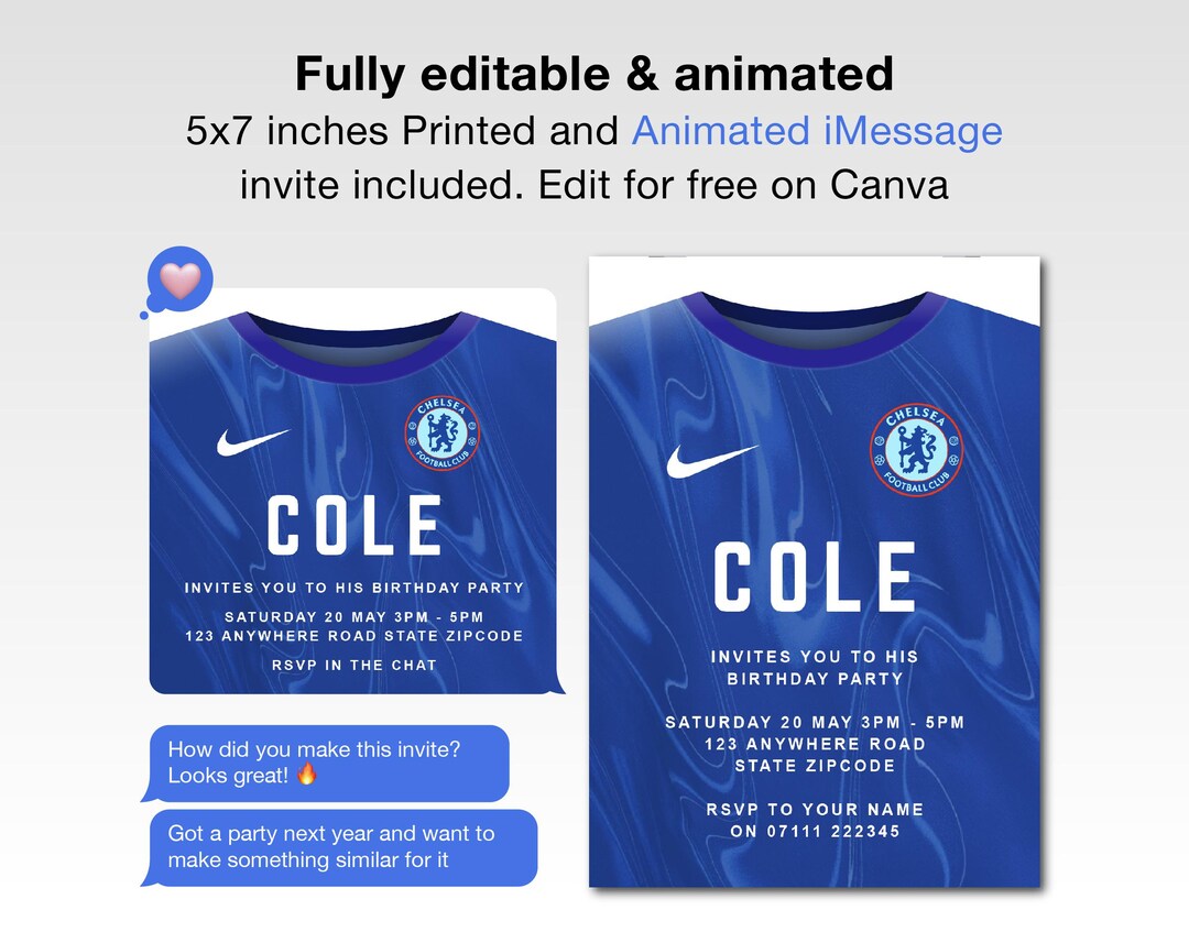 Editable Chelsea FC Birthday Invitation | Digital Football Party Invite ...