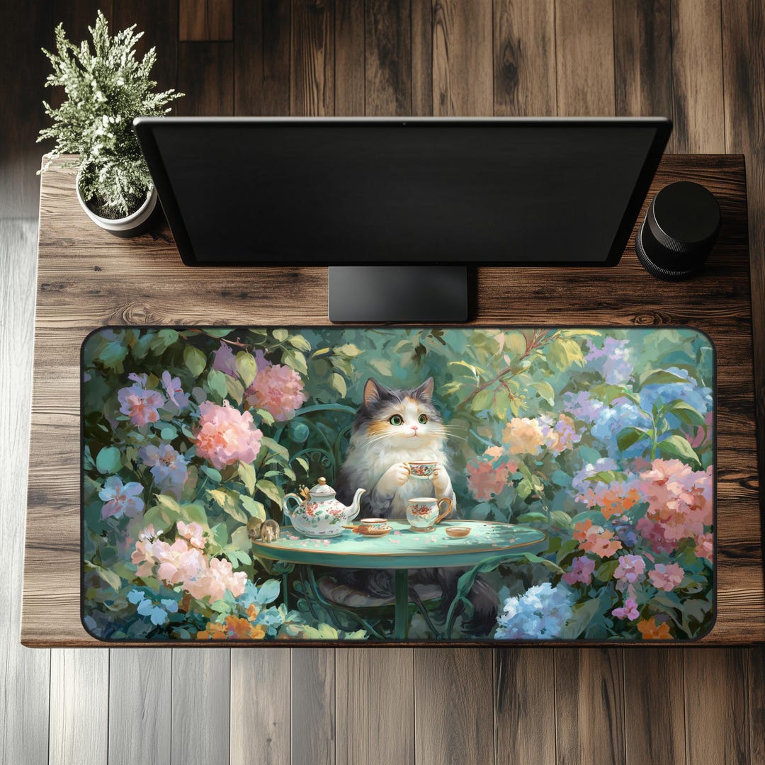 Cat Tea Party Desk Mat, Whimsical Art, Cute Deskpad, Cottagecore Decor ...