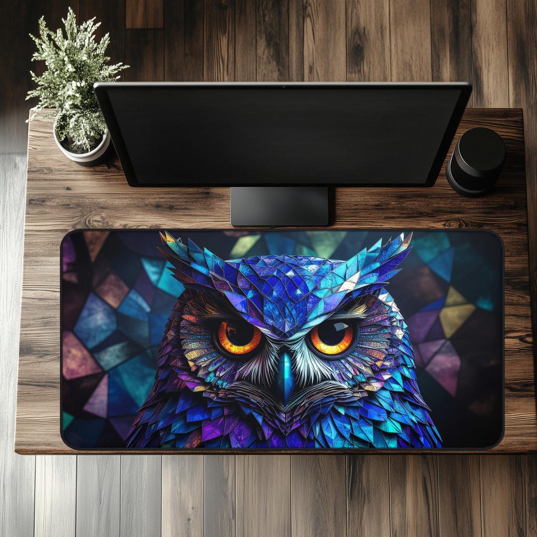 Owl Desk Mat, Geometric Stained Glass Art, Psychedelic Deskpad, Cosmic ...