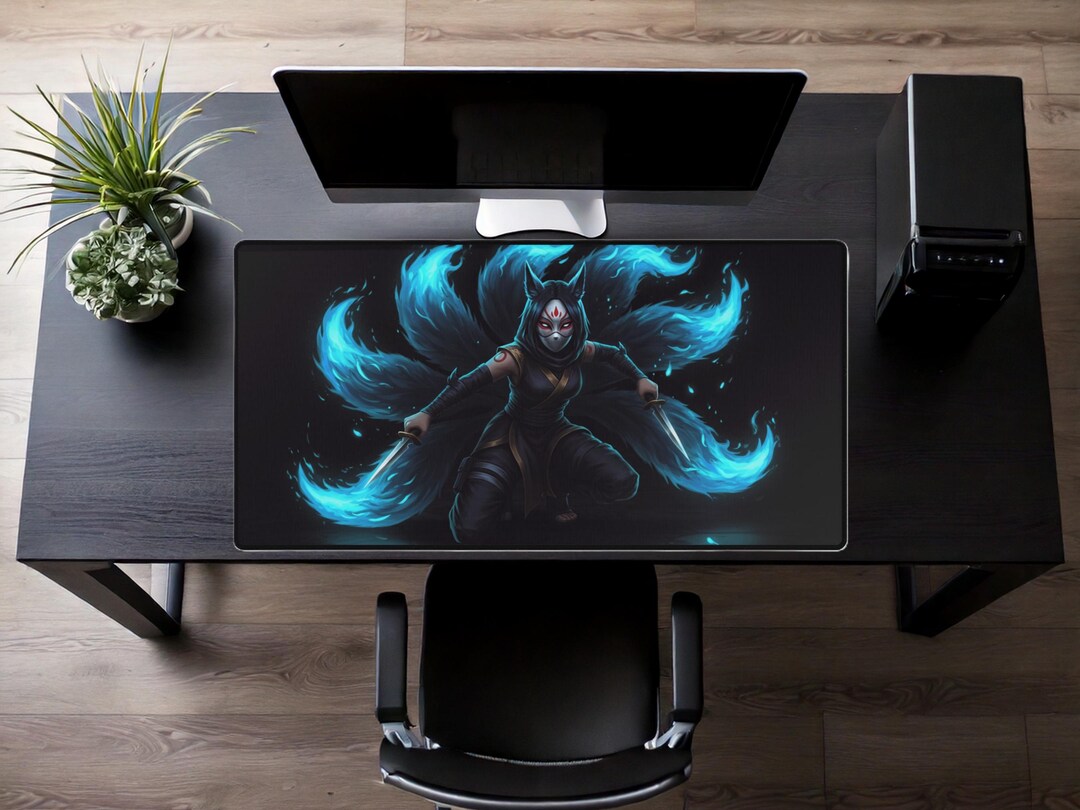 Nine-tailed Fox Desk Mat, Large Kitsune Anime Mouse Pad With Mystic ...