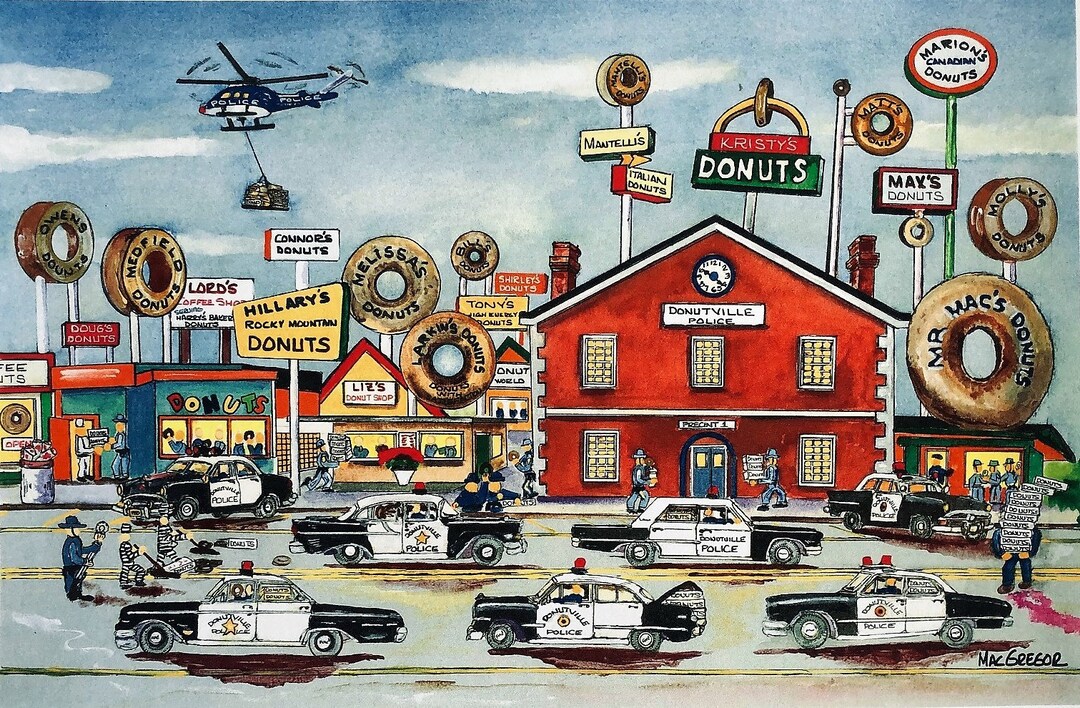 Town of Donut Police Station Art Print Cops and Donuts Diner Coffee ...