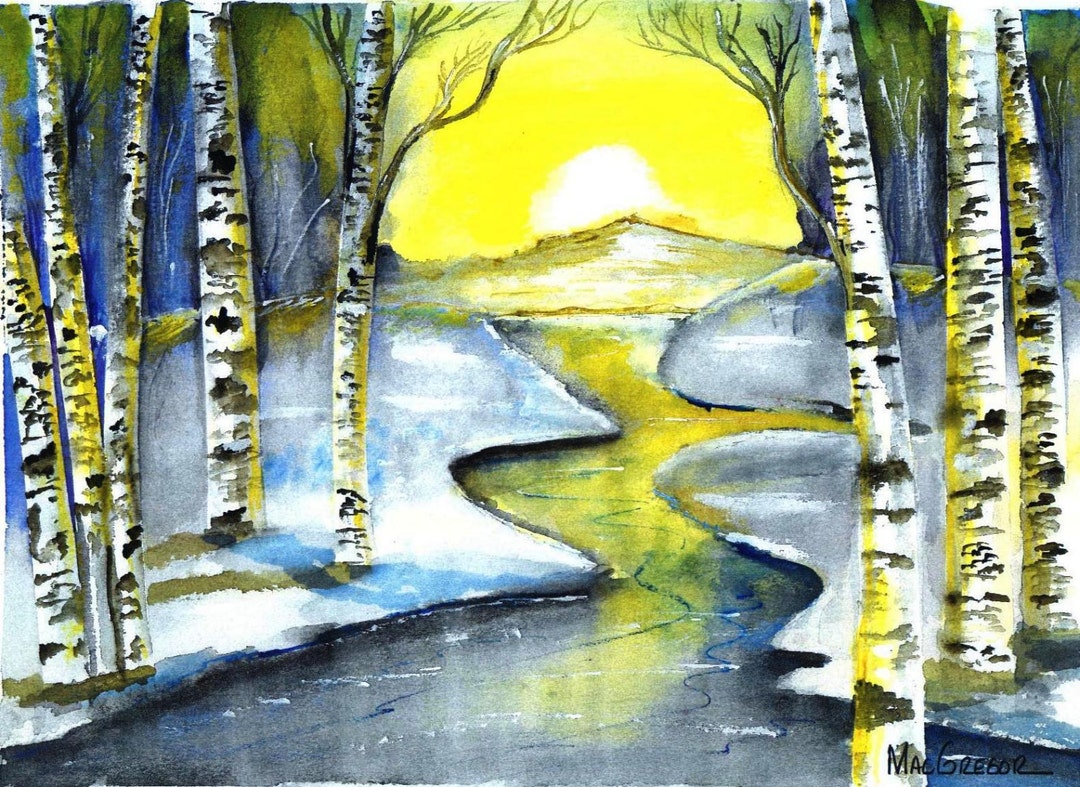 Winter Morning Art Print Watercolor Landscape Painting Frozen Stream at ...