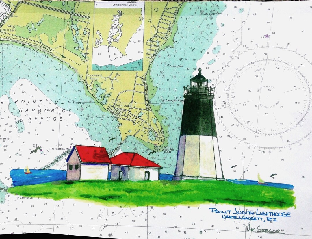 Point Judith Lighthouse Art Print Map Narragansett, RI Rhode Island ...