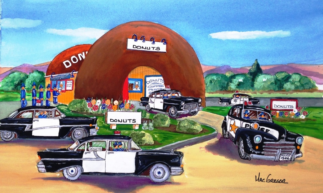 Police Art Print - Drive Thru Donut Shop - Cops & Donuts - Coffee Shop ...