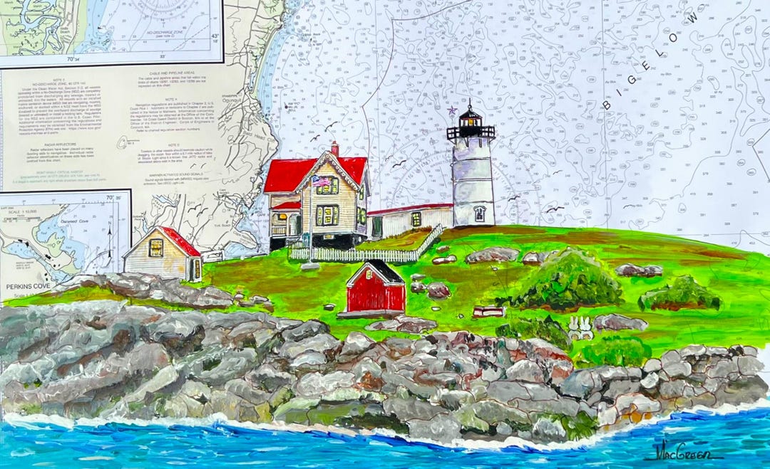 Cape Neddick Nubble Lighthouse Art Print York Maine ME Neddick Point ...