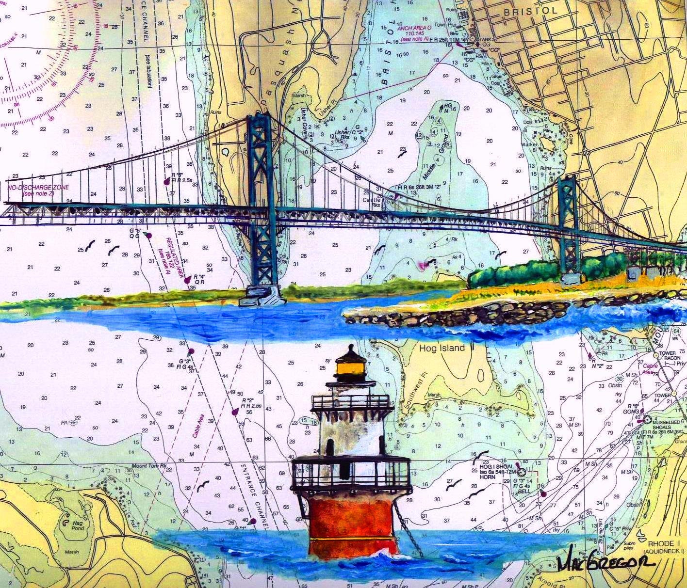 Mt. Hope Bridge & Hog Island Shoal Lighthouse Nautical Chart - Etsy