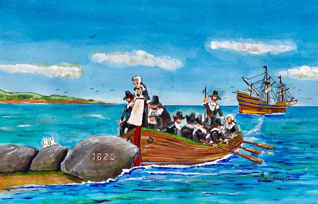 Plymouth Rock Art Print Pilgrims Landing in 1620 Mayflower 2 Pilgrim ...