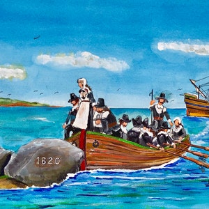 Plymouth Rock Art Print Pilgrims Landing in 1620 Mayflower 2 Pilgrim ...