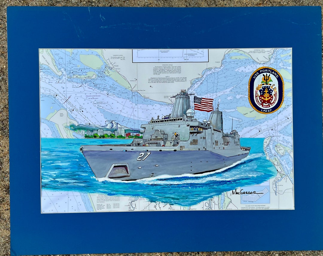Original Nautical Chart Painting USS Portland LPD-27 Map US Navy Marine ...