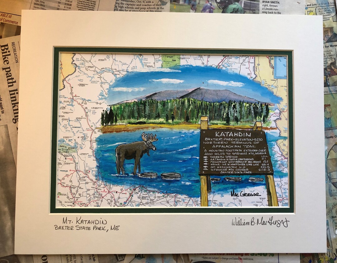 MT Katahdin Matted Art Print or Magnet - Baxter State Park Summit Sign ...