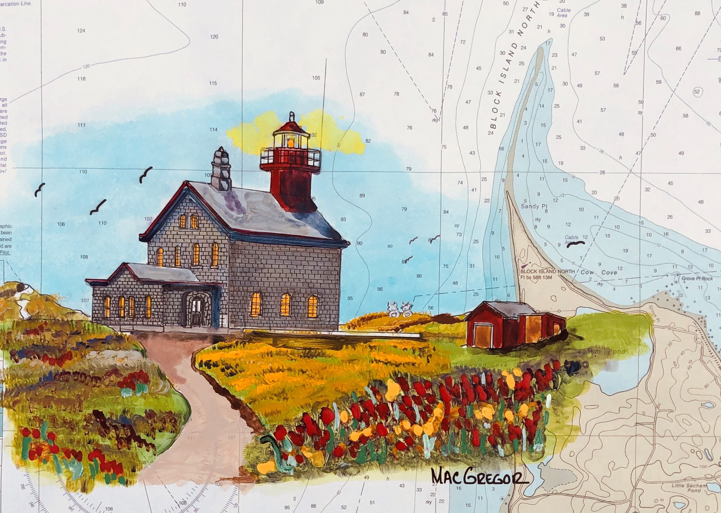 Block Island North Lighthouse Nautical Chart Art Print- New Shoreham RI ...